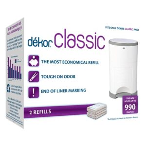 Dekor Classic Diaper Pail Refills | 2 Count | Most Economical Refill System | Quick & Easy to Replace | No Preset Bag Size – Use Only What You Need | Exclusive End-of-Liner Marking | Baby Powder Scent