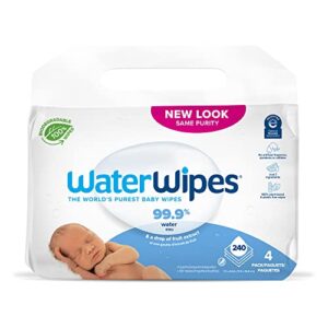 waterwipes plastic-free original baby wipes, 99.9% water based wipes, unscented & hypoallergenic for sensitive skin, 240 count (4 packs), packaging may vary