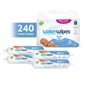 WaterWipes Plastic-Free Original Baby Wipes, 99.9% Water Based Wipes, Unscented & Hypoallergenic for Sensitive Skin, 240 Count (4 packs), Packaging May Vary