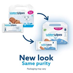 WaterWipes Plastic-Free Original Baby Wipes, 99.9% Water Based Wipes, Unscented & Hypoallergenic for Sensitive Skin, 240 Count (4 packs), Packaging May Vary