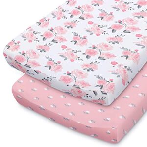 the peanutshell pink floral changing pad cover set for baby girls | 2 pack set | pink roses & ditsy floral