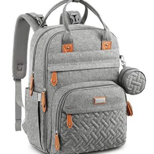 BabbleRoo Diaper Bag Backpack, Nappy Changing Bags Multifunction Waterproof Travel Back Pack with Changing Pad & Stroller Straps & Pacifier Case, Unisex and Stylish (Gray)