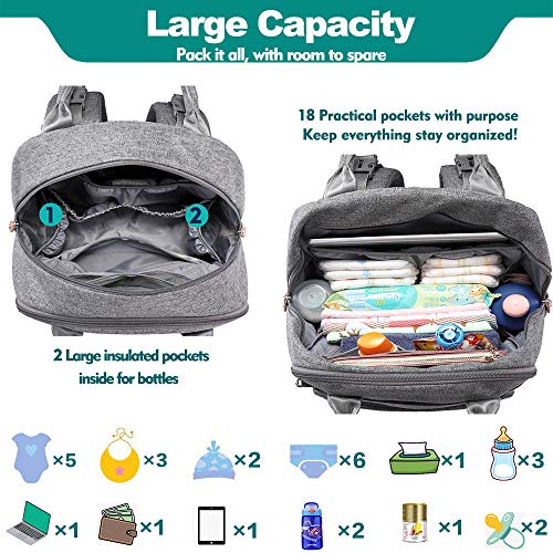 BabbleRoo Diaper Bag Backpack, Nappy Changing Bags Multifunction Waterproof Travel Back Pack with Changing Pad & Stroller Straps & Pacifier Case, Unisex and Stylish (Gray)