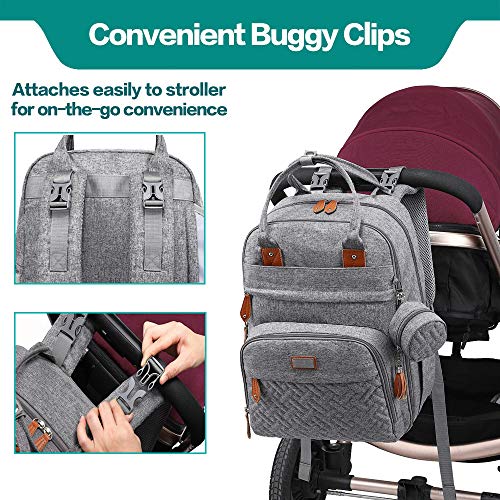 BabbleRoo Diaper Bag Backpack, Nappy Changing Bags Multifunction Waterproof Travel Back Pack with Changing Pad & Stroller Straps & Pacifier Case, Unisex and Stylish (Gray)