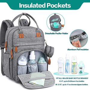 BabbleRoo Diaper Bag Backpack, Nappy Changing Bags Multifunction Waterproof Travel Back Pack with Changing Pad & Stroller Straps & Pacifier Case, Unisex and Stylish (Gray)