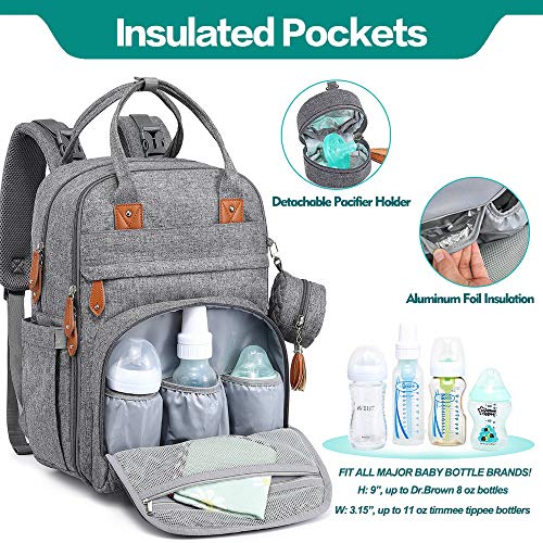 BabbleRoo Diaper Bag Backpack, Nappy Changing Bags Multifunction Waterproof Travel Back Pack with Changing Pad & Stroller Straps & Pacifier Case, Unisex and Stylish (Gray)