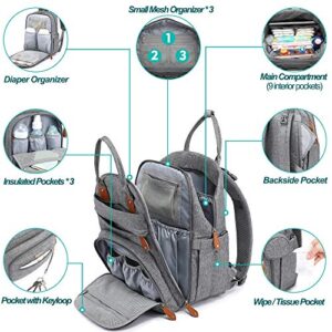 BabbleRoo Diaper Bag Backpack, Nappy Changing Bags Multifunction Waterproof Travel Back Pack with Changing Pad & Stroller Straps & Pacifier Case, Unisex and Stylish (Gray)