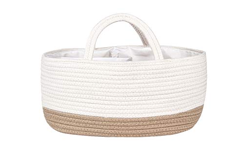 Mila Millie Baby Large Cotton Rope Diaper Caddy | Organizer Storage Bin for Nursery Essentials | Portable Bag for Changing Table and Car | 100% Natural Cotton | Eco friendly (White & Biege) 15.5x10x7 Inch (Pack of 1)