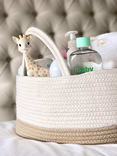 Mila Millie Baby Large Cotton Rope Diaper Caddy | Organizer Storage Bin for Nursery Essentials | Portable Bag for Changing Table and Car | 100% Natural Cotton | Eco friendly (White & Biege) 15.5x10x7 Inch (Pack of 1)