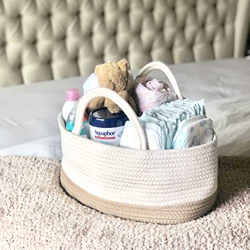 Mila Millie Baby Large Cotton Rope Diaper Caddy | Organizer Storage Bin for Nursery Essentials | Portable Bag for Changing Table and Car | 100% Natural Cotton | Eco friendly (White & Biege) 15.5x10x7 Inch (Pack of 1)