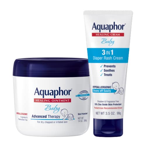 Aquaphor Baby Skin Care Set - Fragrance Free, Prevents, Soothes and Treats Diaper Rash - Includes 14 oz. Jar of Advanced Healing Ointment & 3.5 oz Tube of Diaper Rash Cream