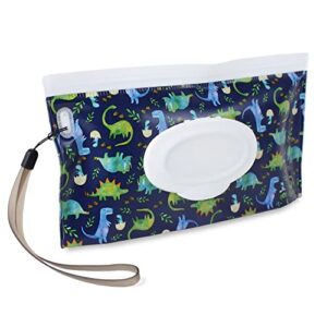 itzy ritzy reusable wipe pouch – take & travel pouch holds up to 30 wet wipes; includes silicone wristlet strap; raining dinosaurs