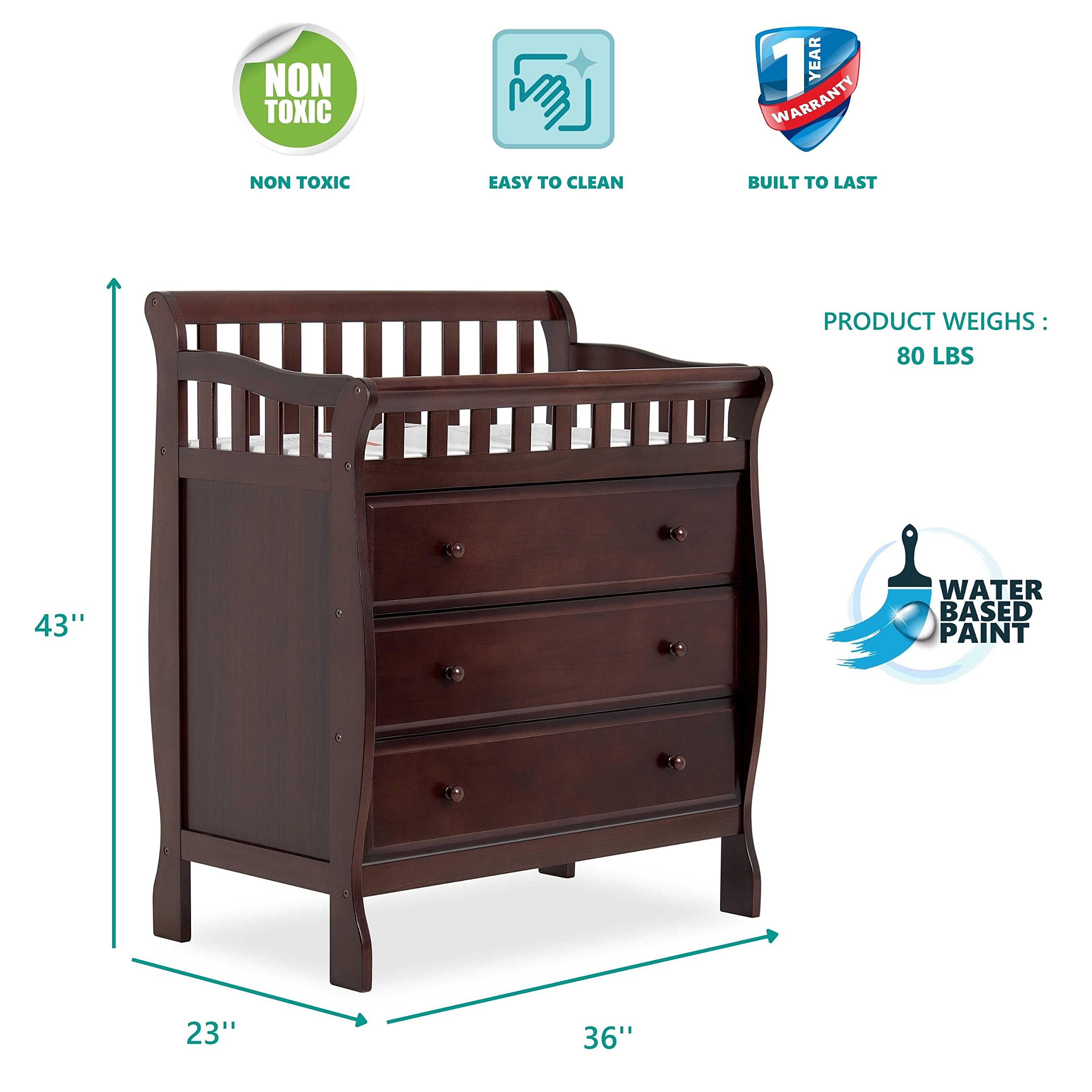 Dream On Me Marcus Changing Table And Dresser In Espresso, Features 3 Spacious Drawers, Non-Toxic Finishes, Comes With 1" Changing Pad, Made Of Solid Wood