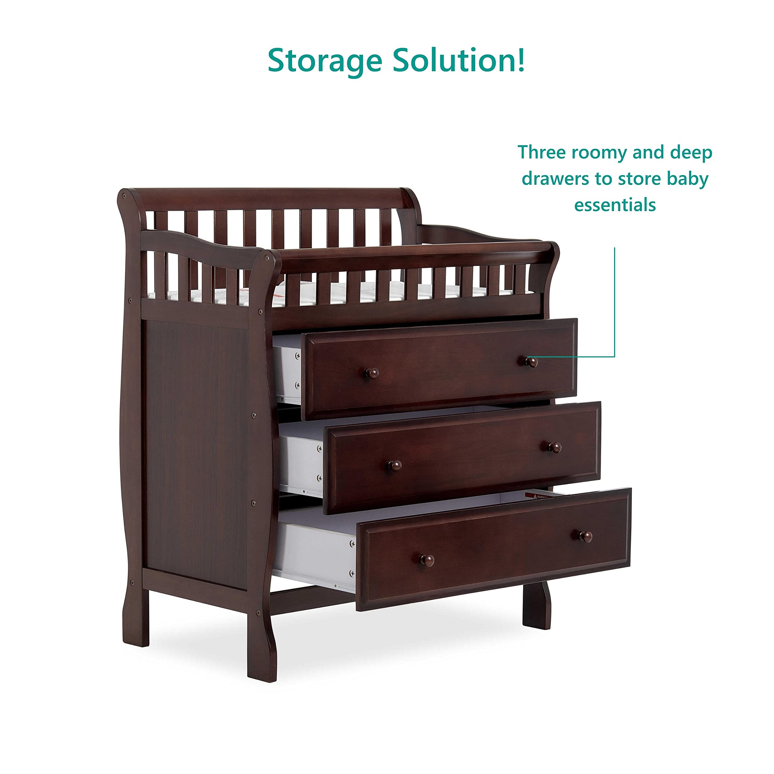 Dream On Me Marcus Changing Table And Dresser In Espresso, Features 3 Spacious Drawers, Non-Toxic Finishes, Comes With 1" Changing Pad, Made Of Solid Wood