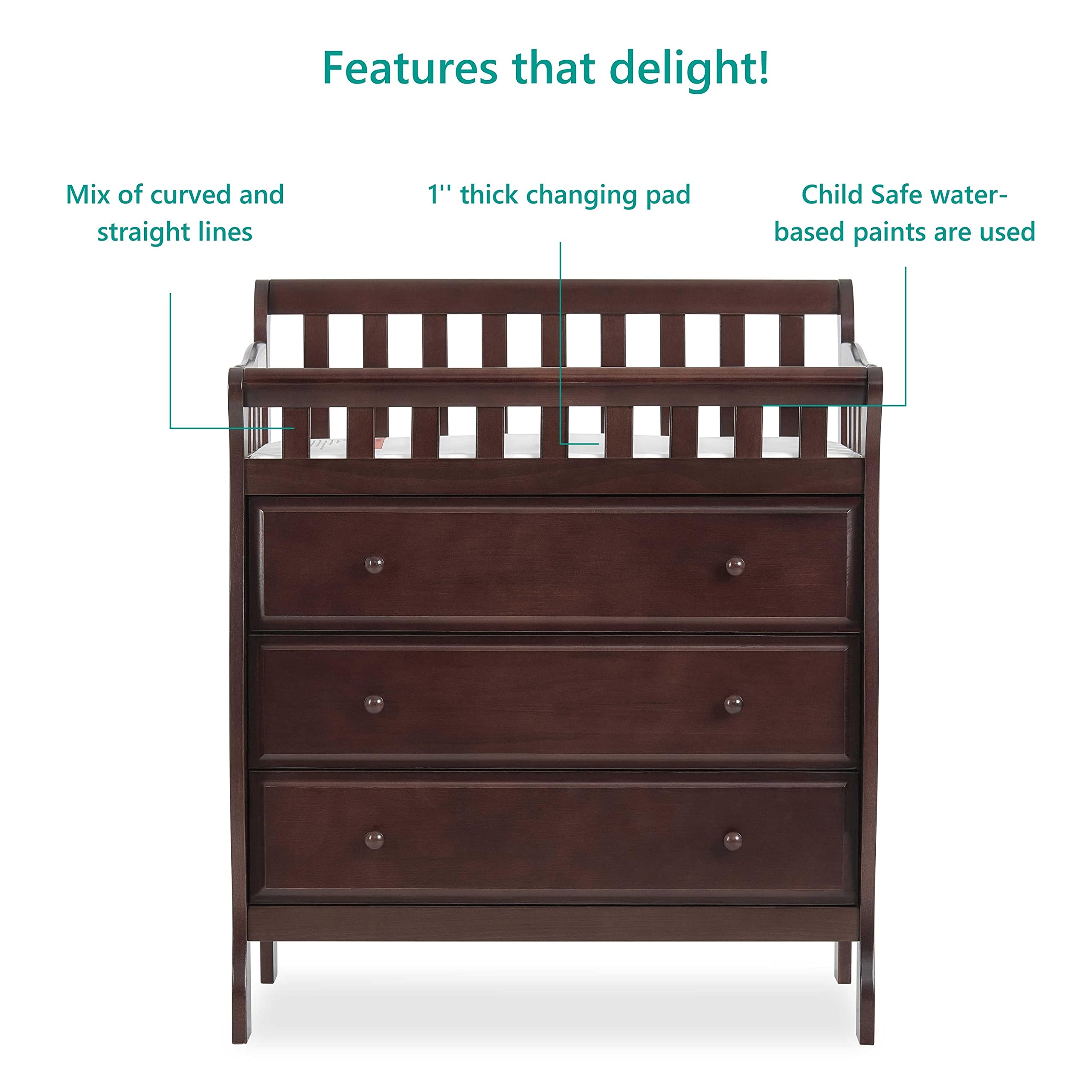 Dream On Me Marcus Changing Table And Dresser In Espresso, Features 3 Spacious Drawers, Non-Toxic Finishes, Comes With 1" Changing Pad, Made Of Solid Wood