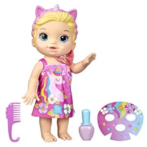 baby alive glam spa baby doll, unicorn, makeup toy for kids 3 and up, color reveal mani-pedi and makeup, 12.8-inch waterplay doll, blonde hair