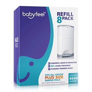 babyfeel refills compatible with dekor plus diaper pails | 8 pack | exclusive 30% extra thickness | diaper pail refills with powerful odor elimination | fresh powder scent | holds up to 4640 diapers