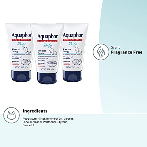 Aquaphor Baby Healing Ointment, Advanced Therapy for Chapped Cheeks and Diaper Rash, 3 Ounce (Pack of 3)