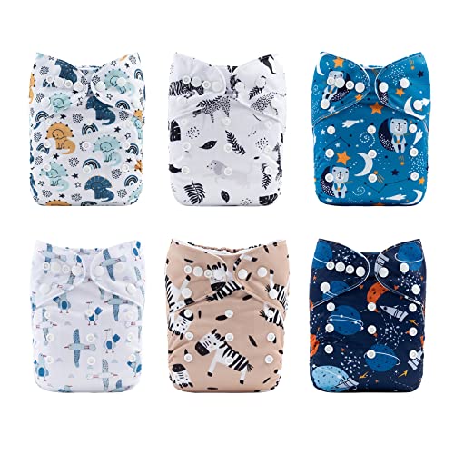 babygoal Reusable Cloth Diapers for Baby Boys, One Size Adjustable Washable Pocket Nappy Covers 6 Pack+6pcs Bamboo Inserts+Wet Bag 6FB36