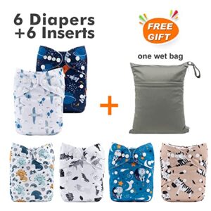 babygoal Reusable Cloth Diapers for Baby Boys, One Size Adjustable Washable Pocket Nappy Covers 6 Pack+6pcs Bamboo Inserts+Wet Bag 6FB36