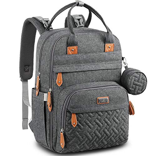 BabbleRoo Diaper Bag Backpack, Nappy Changing Bags Multifunction Waterproof Travel Back Pack with Changing Pad & Stroller Straps & Pacifier Case, Unisex and Stylish (Dark Gray)