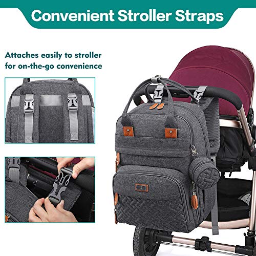 BabbleRoo Diaper Bag Backpack, Nappy Changing Bags Multifunction Waterproof Travel Back Pack with Changing Pad & Stroller Straps & Pacifier Case, Unisex and Stylish (Dark Gray)