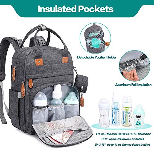 BabbleRoo Diaper Bag Backpack, Nappy Changing Bags Multifunction Waterproof Travel Back Pack with Changing Pad & Stroller Straps & Pacifier Case, Unisex and Stylish (Dark Gray)