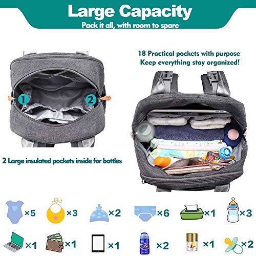 BabbleRoo Diaper Bag Backpack, Nappy Changing Bags Multifunction Waterproof Travel Back Pack with Changing Pad & Stroller Straps & Pacifier Case, Unisex and Stylish (Dark Gray)