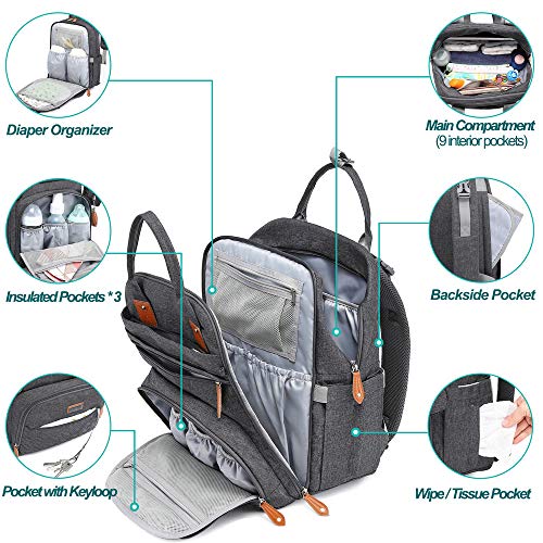 BabbleRoo Diaper Bag Backpack, Nappy Changing Bags Multifunction Waterproof Travel Back Pack with Changing Pad & Stroller Straps & Pacifier Case, Unisex and Stylish (Dark Gray)