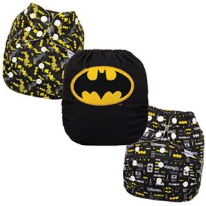 simple being reusable baby cloth diapers adjustable size, double gusset, waterproof cover, 3 pack with 3 inserts (dc batman classic)