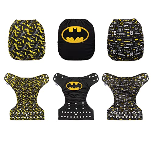 Simple Being Reusable Baby Cloth Diapers Adjustable Size, Double Gusset, Waterproof Cover, 3 Pack with 3 Inserts (DC Batman Classic)