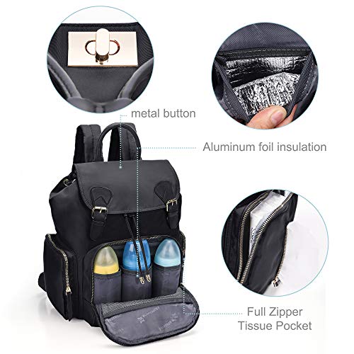 Hafmall Diaper Bag Backpack, Multifunctional Stylish Baby Bag with Stroller Hooks for Boys Girls, Travel Diaper Backpack for Mom Dad, Black Maternity Nappy Bag