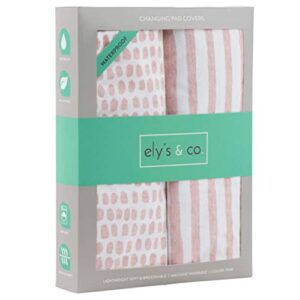 ely’s & co. patent pending waterproof changing pad cover set | cradle sheet set by ely’s & co no need for changing pad liner mauve pink splash & stripe 2 pack for baby girl