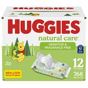 baby wipes, huggies natural care sensitive baby diaper wipes, unscented, hypoallergenic, 12 flip-top packs (768 wipes total)