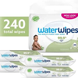 WaterWipes Plastic-Free Textured Clean, Toddler & Baby Wipes, 99.9% Water Based Wipes, Unscented & Hypoallergenic for Sensitive Skin, 240 Count (4 packs), Packaging May Vary