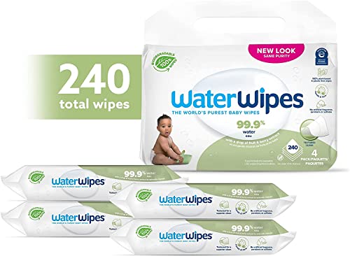 WaterWipes Plastic-Free Textured Clean, Toddler & Baby Wipes, 99.9% Water Based Wipes, Unscented & Hypoallergenic for Sensitive Skin, 240 Count (4 packs), Packaging May Vary