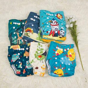 babygoal Reusable Cloth Diapers for Baby Boys, One Size Adjustable Washable Pocket Nappy Covers 6 Pack+ 6pcs Microfiber Inserts+4pcs Bamboo Inserts 6FB15