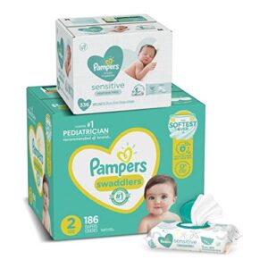 diapers size 2, 186 count and baby wipes – pampers swaddlers disposable baby diapers and water baby wipes sensitive pop-top packs, 336 count (packaging may vary)