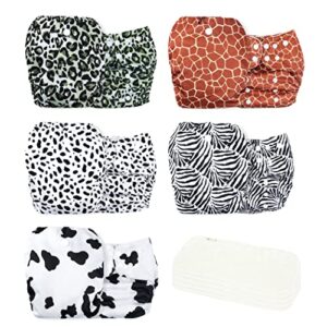 wegreeco washable reusable baby cloth pocket diapers 5 pack + 5 bamboo inserts (animal party)