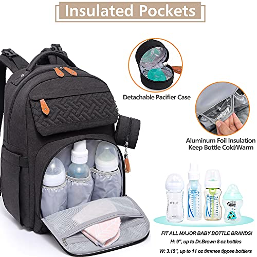 BabbleRoo Diaper Bag Backpack, Unisex Baby Bags with Changing Pad, Pacifier Case & Stroller Straps, Multifunction Waterproof Travel Back Pack for Boys Girls, Black