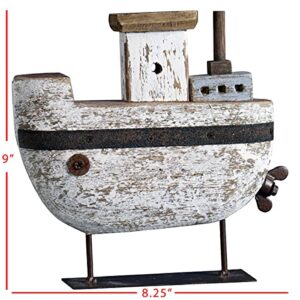 Foreside Home and Garden Rustic Tug Boat Wood Sculpture Table Top Décor, White