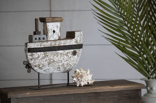 Foreside Home and Garden Rustic Tug Boat Wood Sculpture Table Top Décor, White