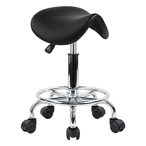 KKTONER Saddle Stool with Foot Rest PU Leather Swivel Adjustable Rolling Stool with Wheels Facial Salon Chair (Black)