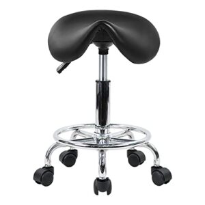 KKTONER Saddle Stool with Foot Rest PU Leather Swivel Adjustable Rolling Stool with Wheels Facial Salon Chair (Black)