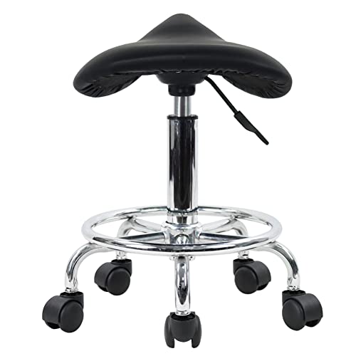 KKTONER Saddle Stool with Foot Rest PU Leather Swivel Adjustable Rolling Stool with Wheels Facial Salon Chair (Black)