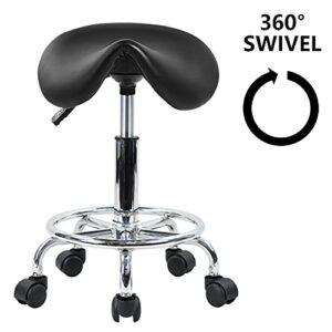 KKTONER Saddle Stool with Foot Rest PU Leather Swivel Adjustable Rolling Stool with Wheels Facial Salon Chair (Black)