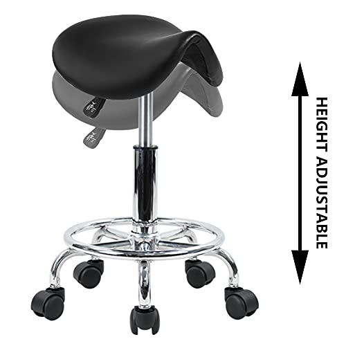 KKTONER Saddle Stool with Foot Rest PU Leather Swivel Adjustable Rolling Stool with Wheels Facial Salon Chair (Black)