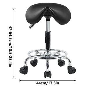 KKTONER Saddle Stool with Foot Rest PU Leather Swivel Adjustable Rolling Stool with Wheels Facial Salon Chair (Black)