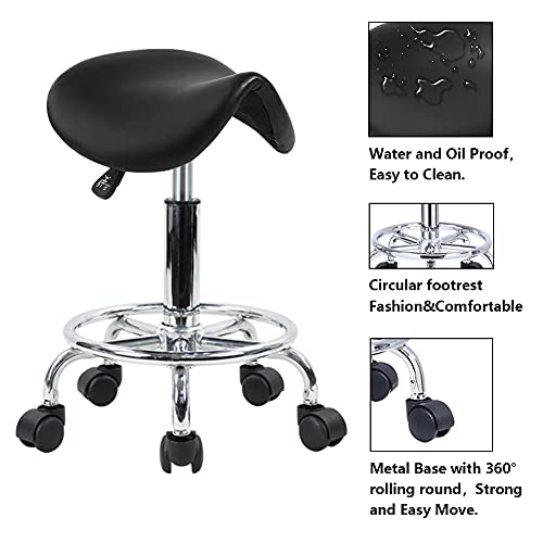 KKTONER Saddle Stool with Foot Rest PU Leather Swivel Adjustable Rolling Stool with Wheels Facial Salon Chair (Black)