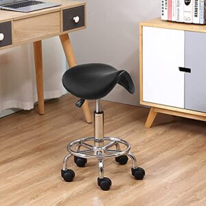 KKTONER Saddle Stool with Foot Rest PU Leather Swivel Adjustable Rolling Stool with Wheels Facial Salon Chair (Black)